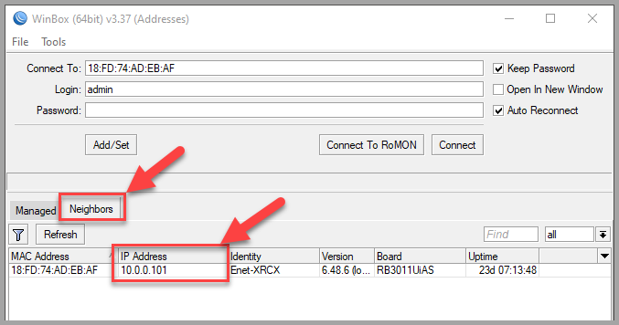 Using the MikroTik WinBox application to check for and ENETs IP address – C.E. Electronics